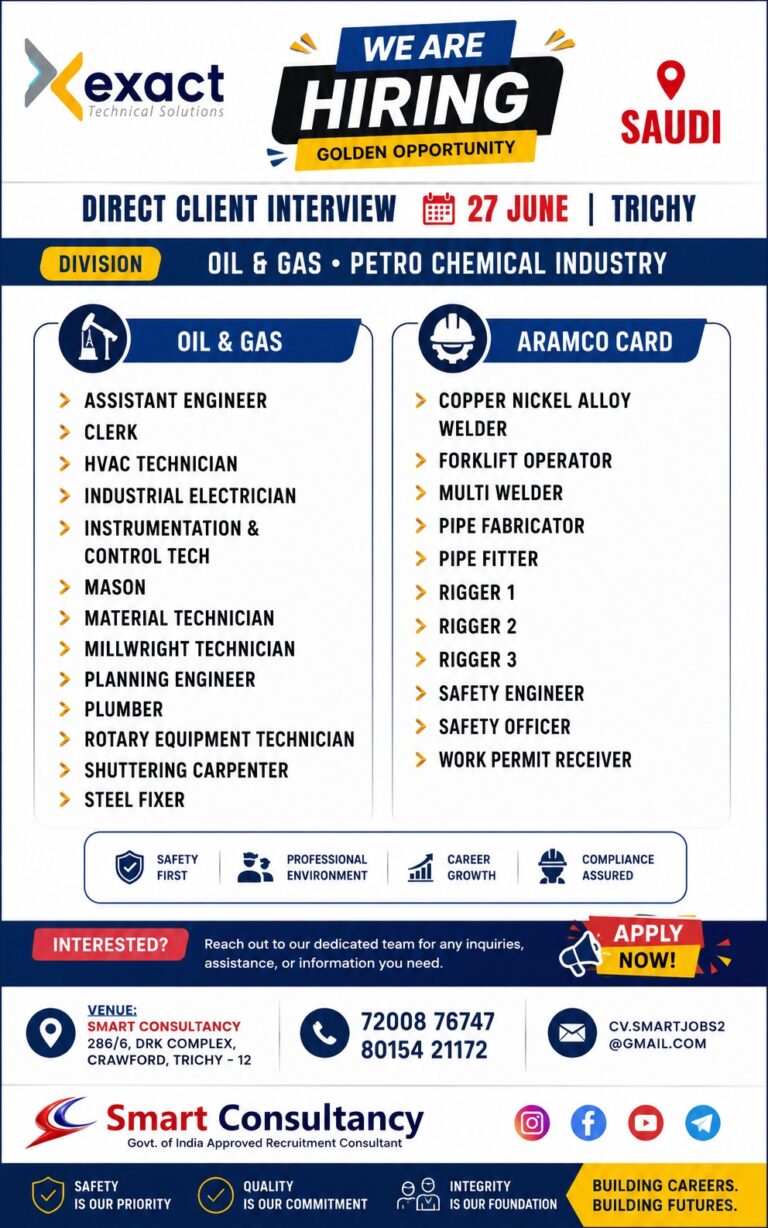 Saudi Arabia Oil & Gas Jobs 2026 | Direct Client Interview in Trichy ...